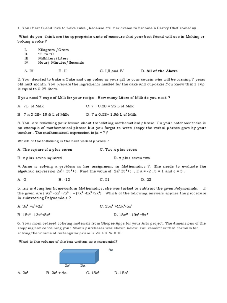 Measuring Ingredients, Solving Equations, and Evaluating Expressions: A ...