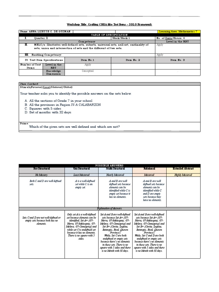 1st Quarter CBEA-Math 7 - Week 1 To 4 | PDF | Set (Mathematics ...