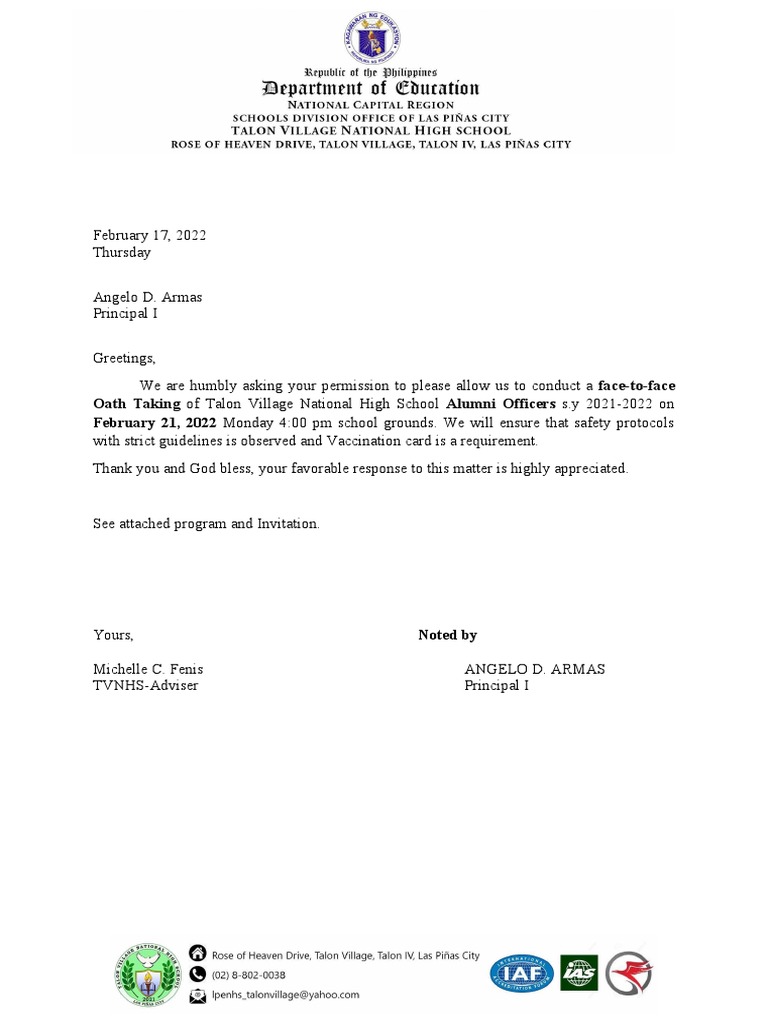 Letter To Conduct OATH Taking Alumni | PDF