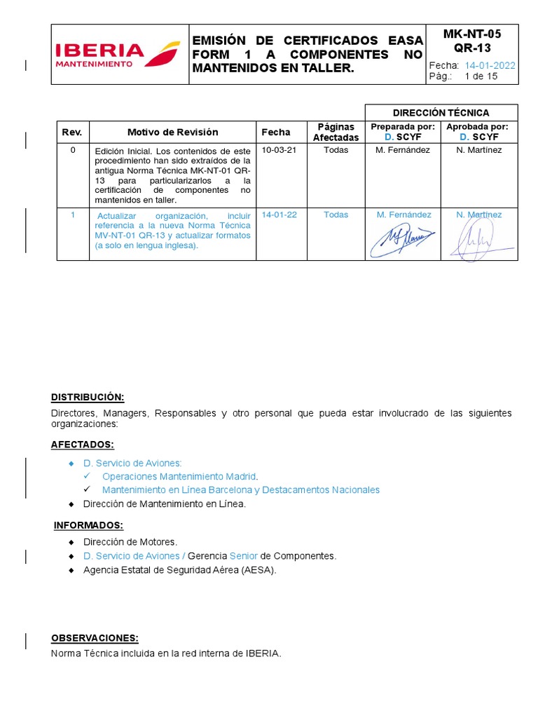 MK-NT-05 QR-13 - Emisión de Certificados EASA Form 1 A Componentes No ...