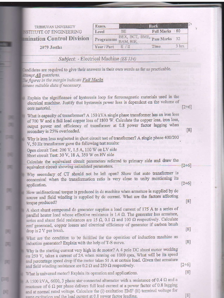 Tribhuwan University Electrical Machine Exam Questions | PDF | Electric ...