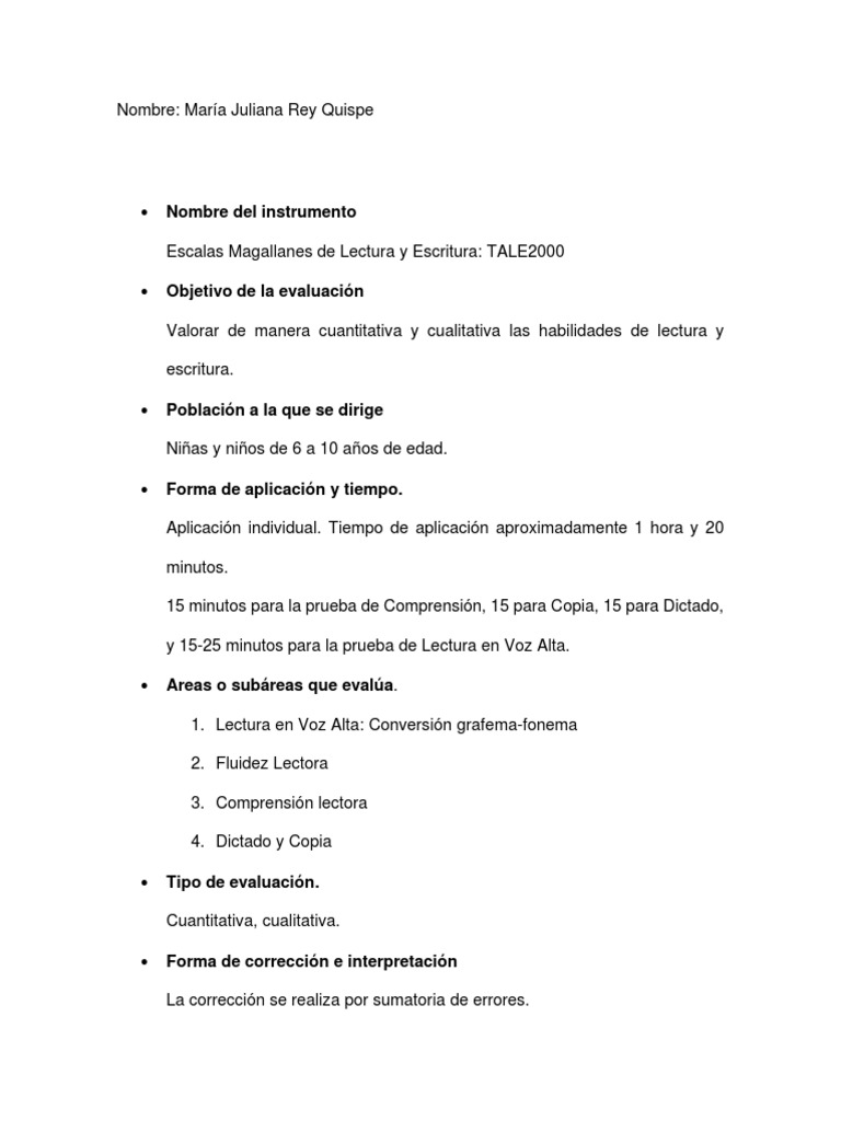 Ficha Tecnica de Las Prueba Tale-2000 | PDF