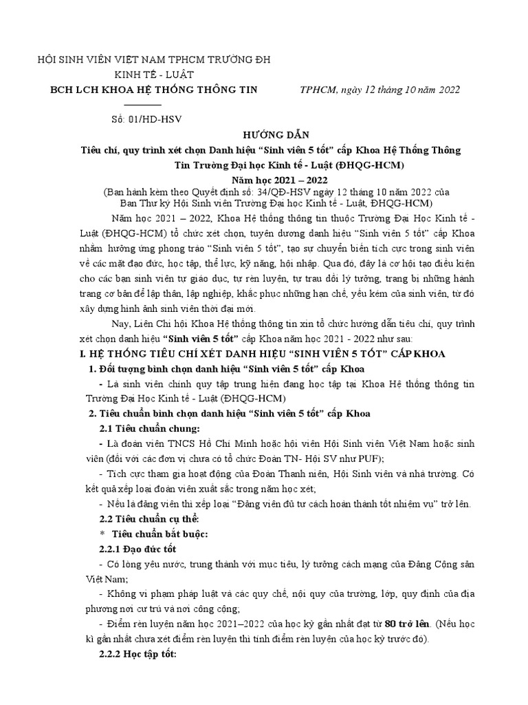 HD Tiêu chí quy trình xét chọn SV5T cấp Khoa HTTT 2022. 1 | PDF