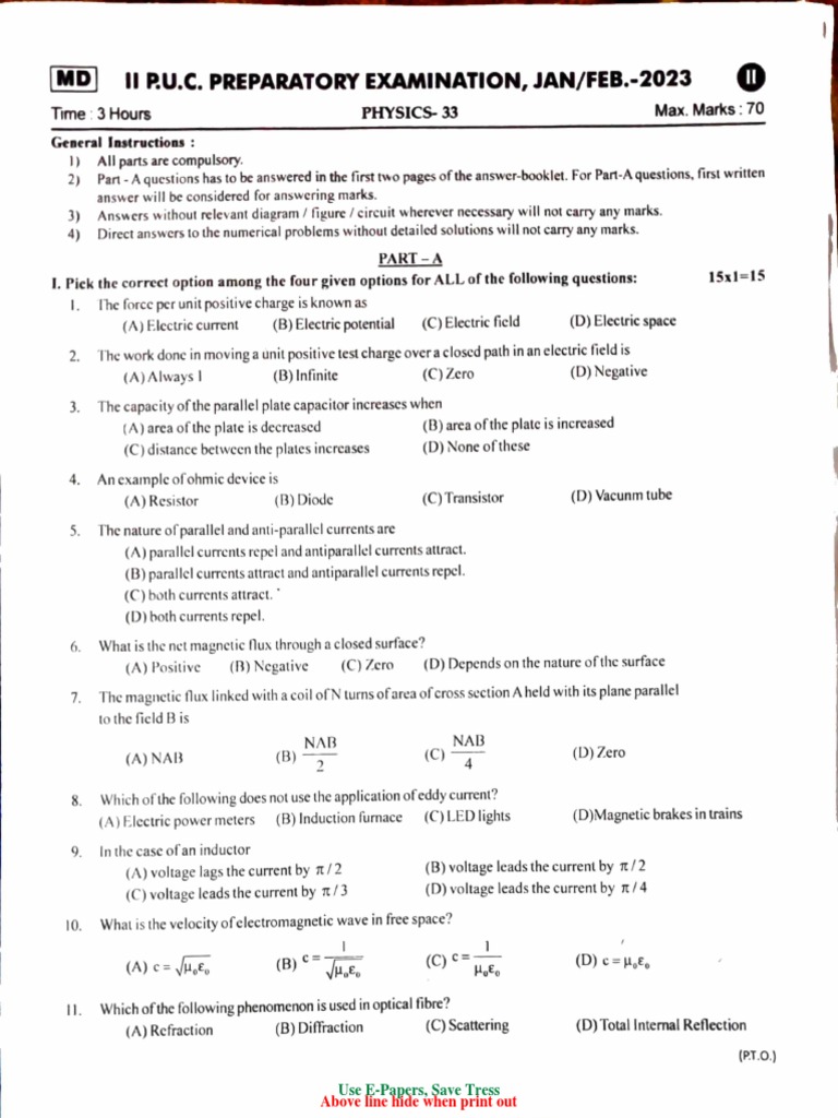 2nd Puc Physics State Level Preparatory Exam Question Paper 2023 | PDF | Capacitor | Inductor