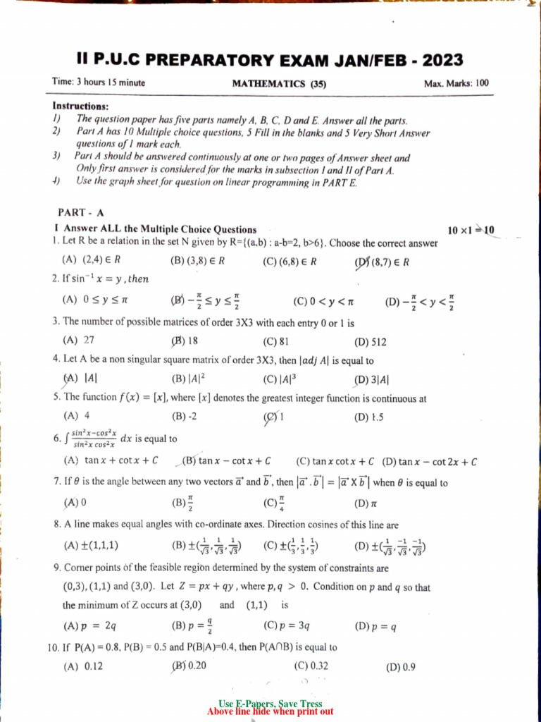 2nd Puc Mathematics State Level Preparatory Exam Question Paper 2023 | PDF