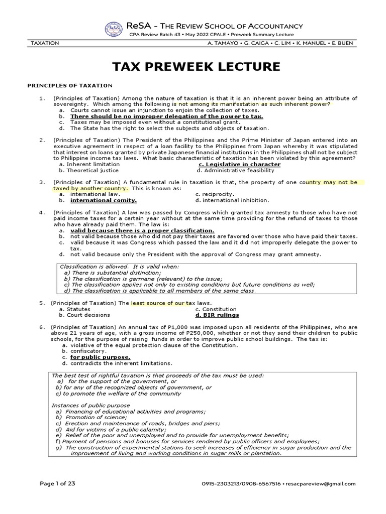 CPA Review: Taxation Preweek Summary | PDF | Taxes | Value Added Tax