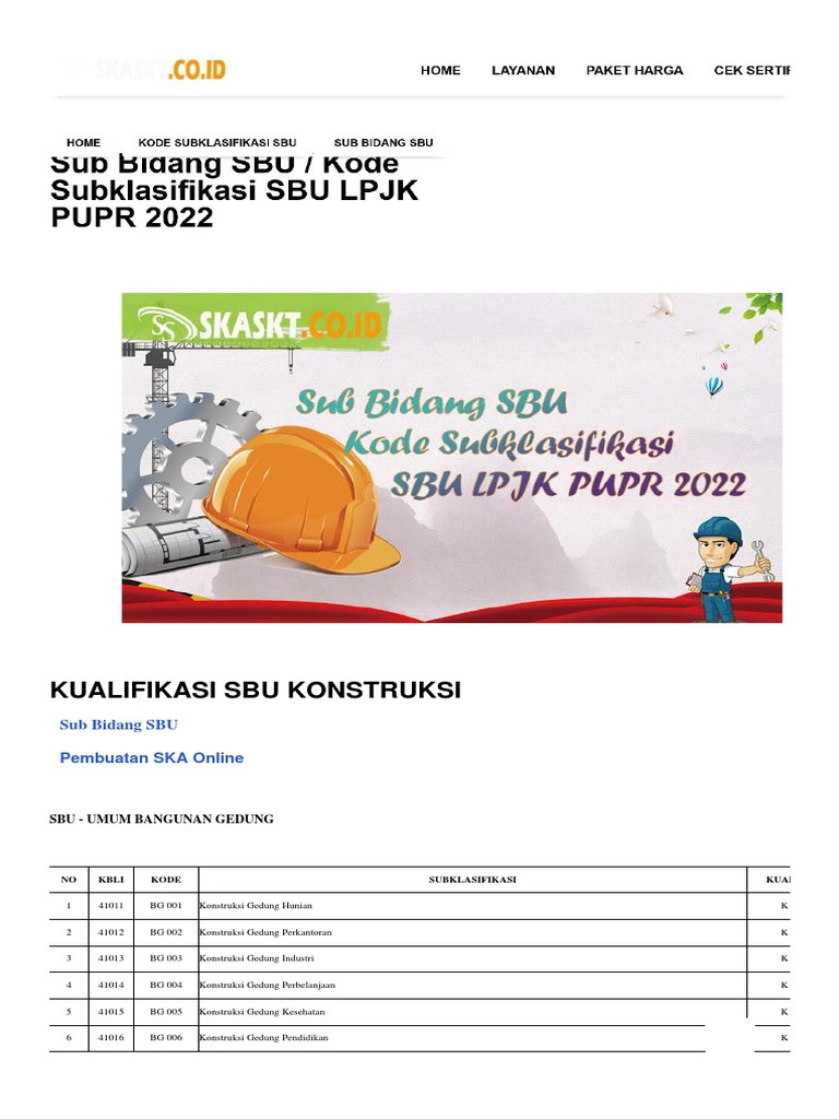 Kode Subklasifikasi SBU LPJK PUPR 2022 - Jasa Pembuatan SKA & SKT, SBU, ISO, ONLINE LPJK | PDF