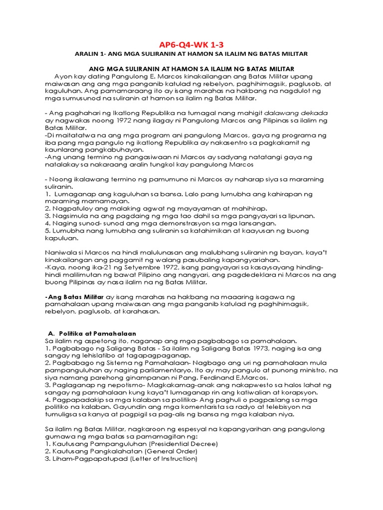 AP6-Q4-WK 1-3: Aralin 1-Ang Mga Suliranin at Hamon Sa Ilalim NG Batas Militar | PDF