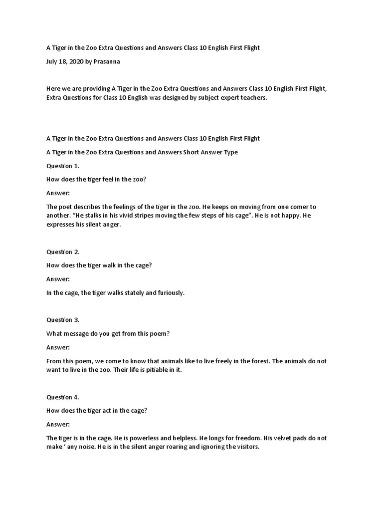 A Tiger in The Zoo Questions | PDF | Tiger | Zoo