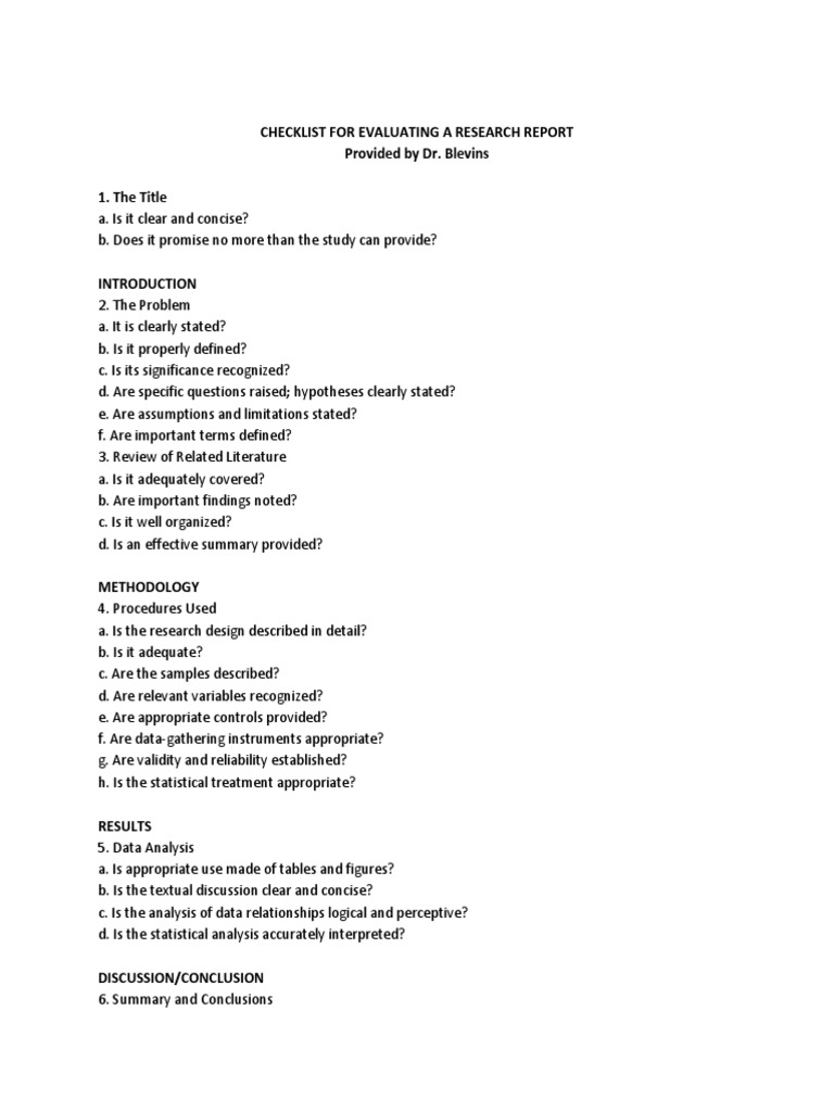 Checklist For Evaluating A Research Report | PDF | Data Analysis ...