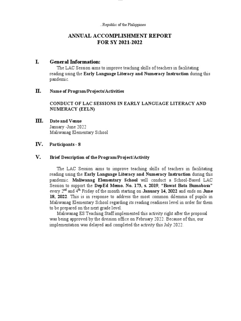 ELLN Accomplishment Report 2021-2022 | PDF | Teachers | Literacy