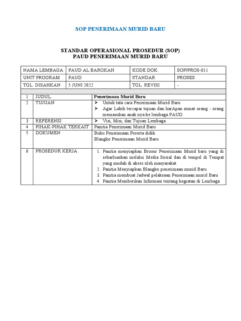 6 3 1 Ketersediaan Dokumen Prosedur Operasional Standar SOP TK Al Kahf | PDF