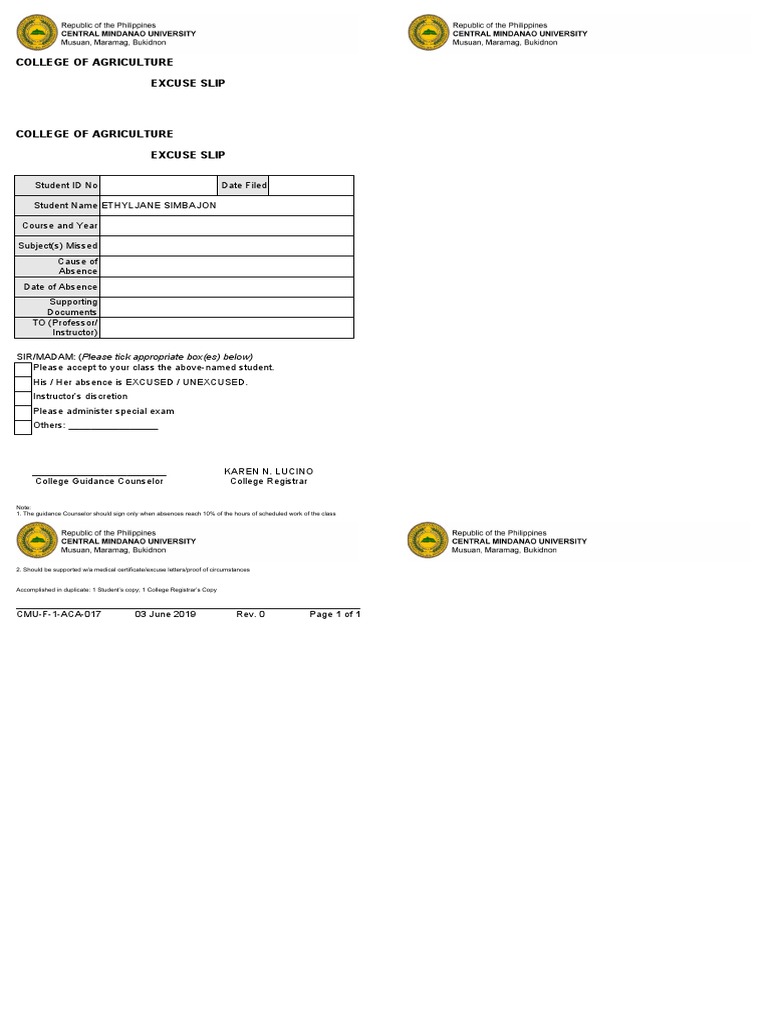 Excuse Slip Cmu F 1 Aca 017 | PDF