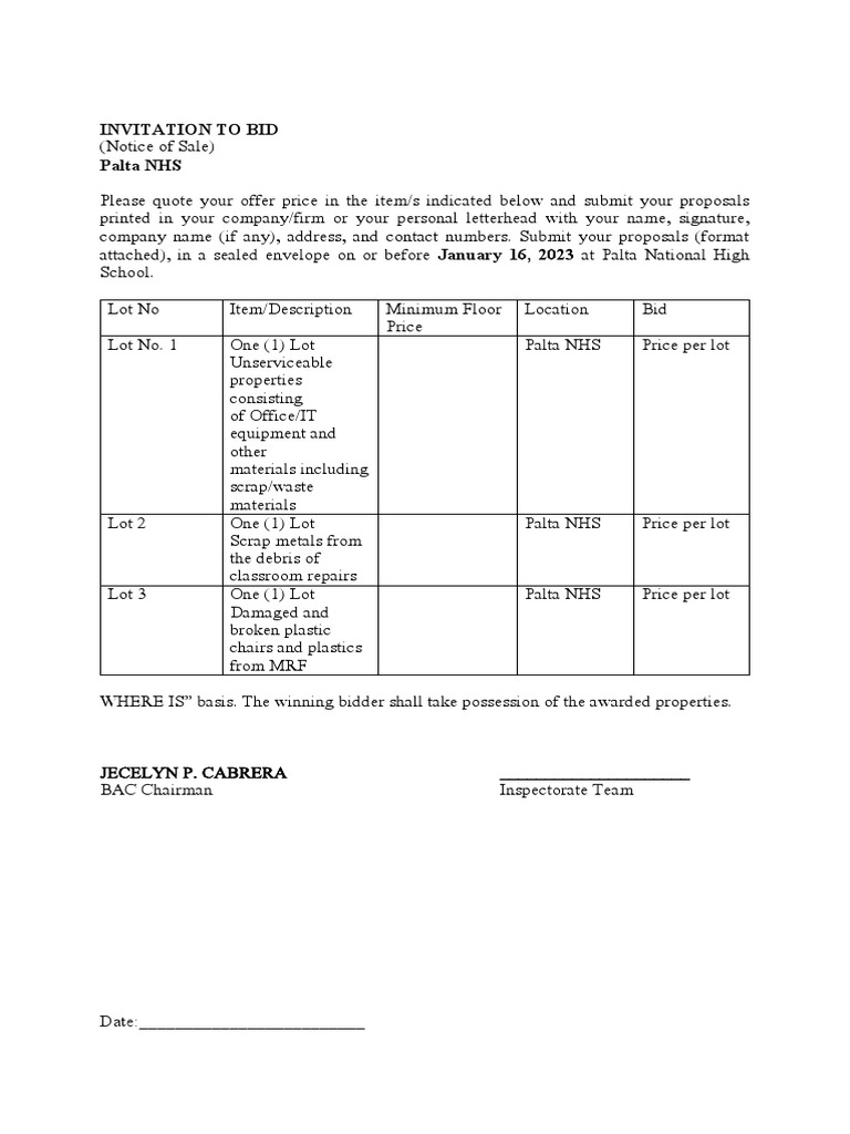 Palta NHS Invitation to Bid | PDF | Business | Economies