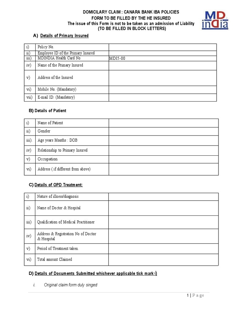 Domiciliary Claim Form Canara Bank PDF | PDF | Physician | Insurance