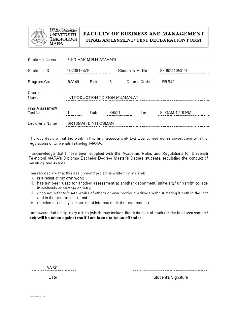 Final Assessment Declaration Form for Introduction to Fiqh Muamalat ...