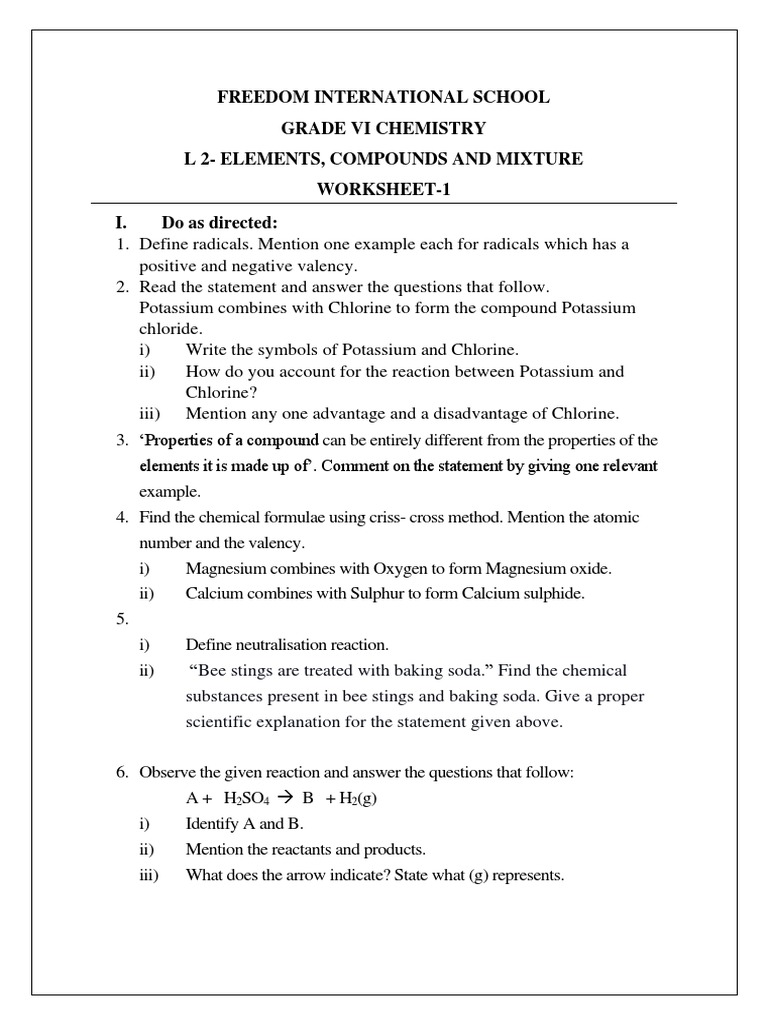 Elements Compounds and Mixtures Worksheet Grade6 1662704500 2 ...