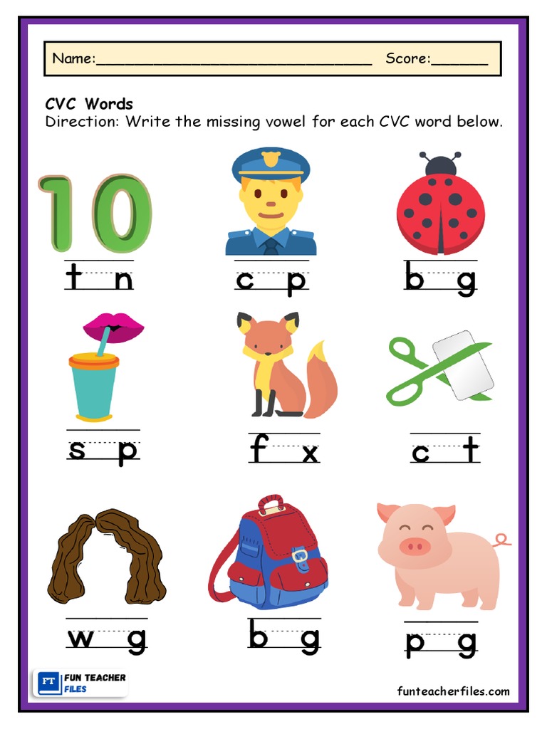 CVC Word Assessment: Missing Vowels in Short Three-Letter Words | PDF