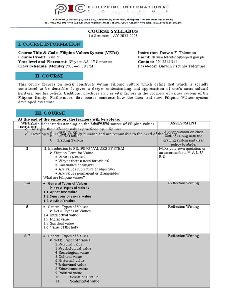 PIC COURSE SYLLABUS FIL-Val Sys VED4 | PDF | Philippines
