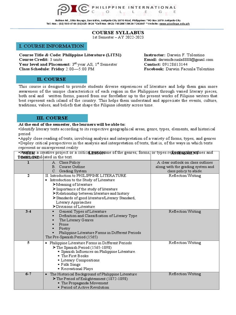 PIC COURSE SYLLABUS PHL LIT - Darwin FT | PDF | Philippines | Genre