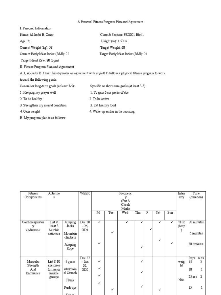 Personal Fitness Program Agreement | PDF | Physical Fitness | Clinical ...