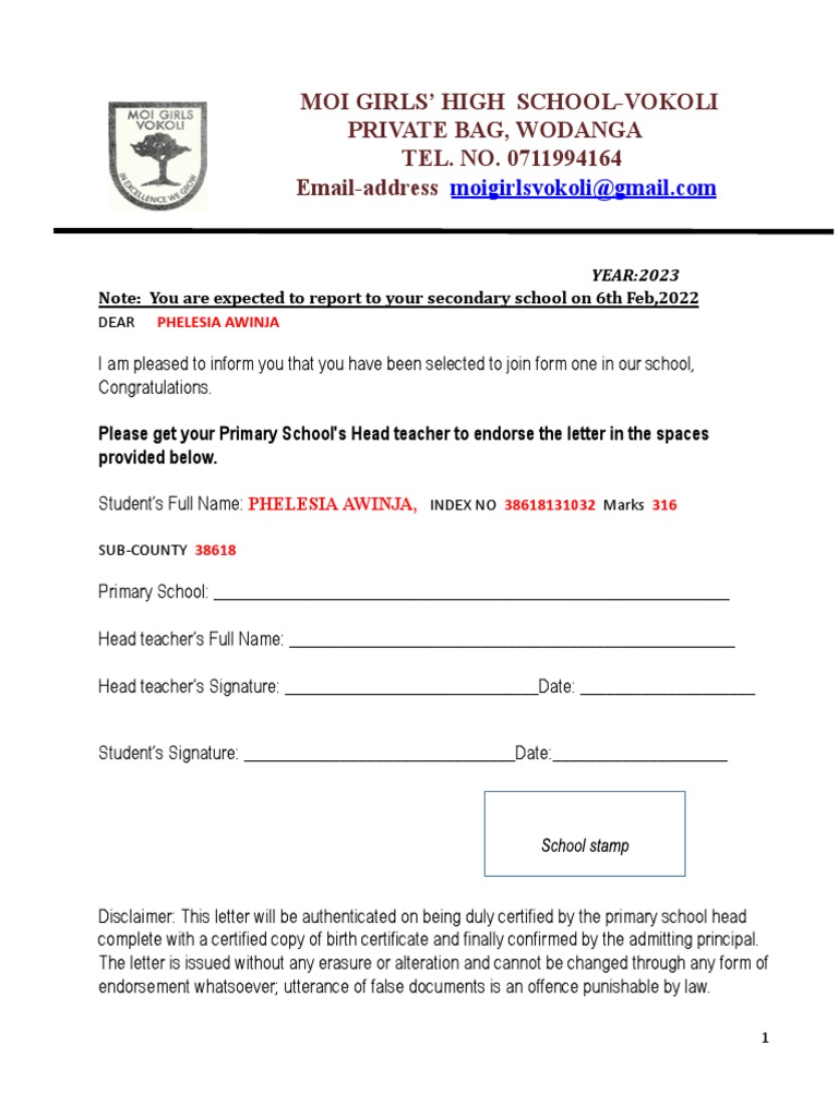 Letter of Admission to Moi Girls' High School Vokoli | PDF | Sweater