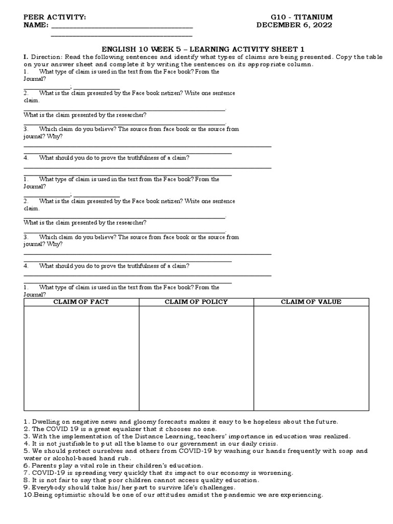 Las q2 Week 5 English 10 | PDF | Rubric (Academic) | Cognition