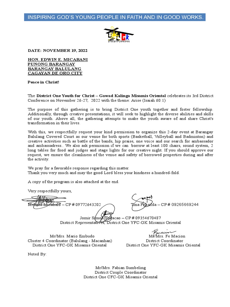 Letter For Venue Barangay Balulang | PDF