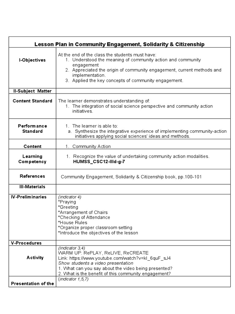 Community Engagement Lesson Plan | PDF | Lesson Plan | Learning