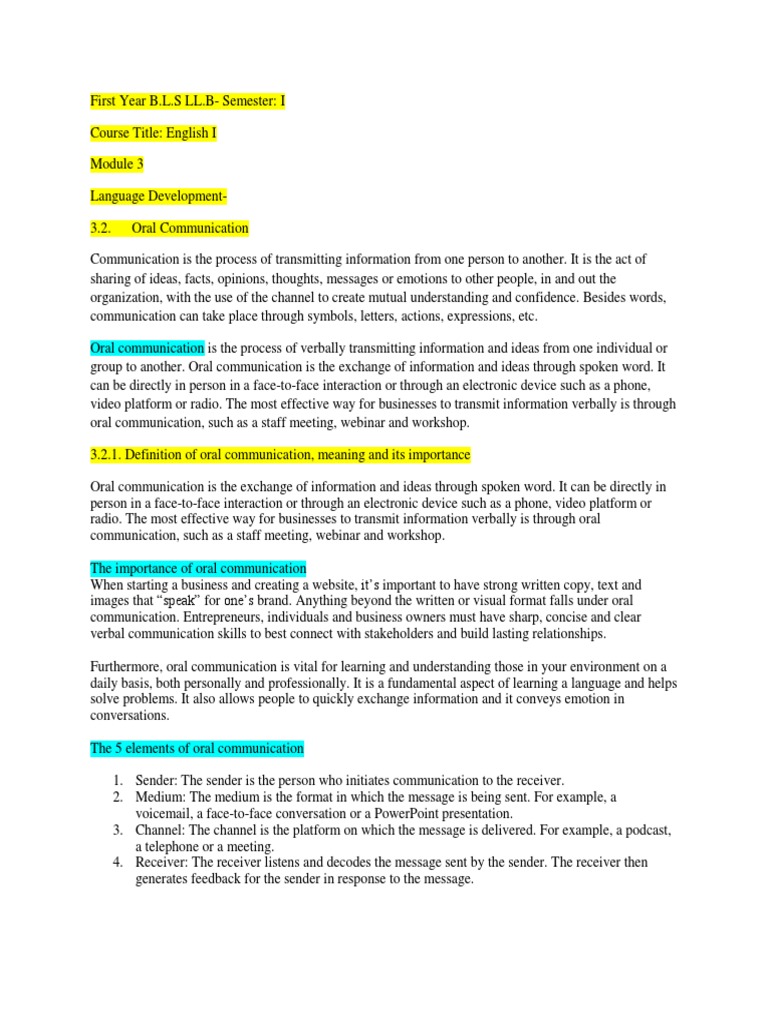 B.L.S LL.B English I Oral Communication Notes | PDF | Communication ...