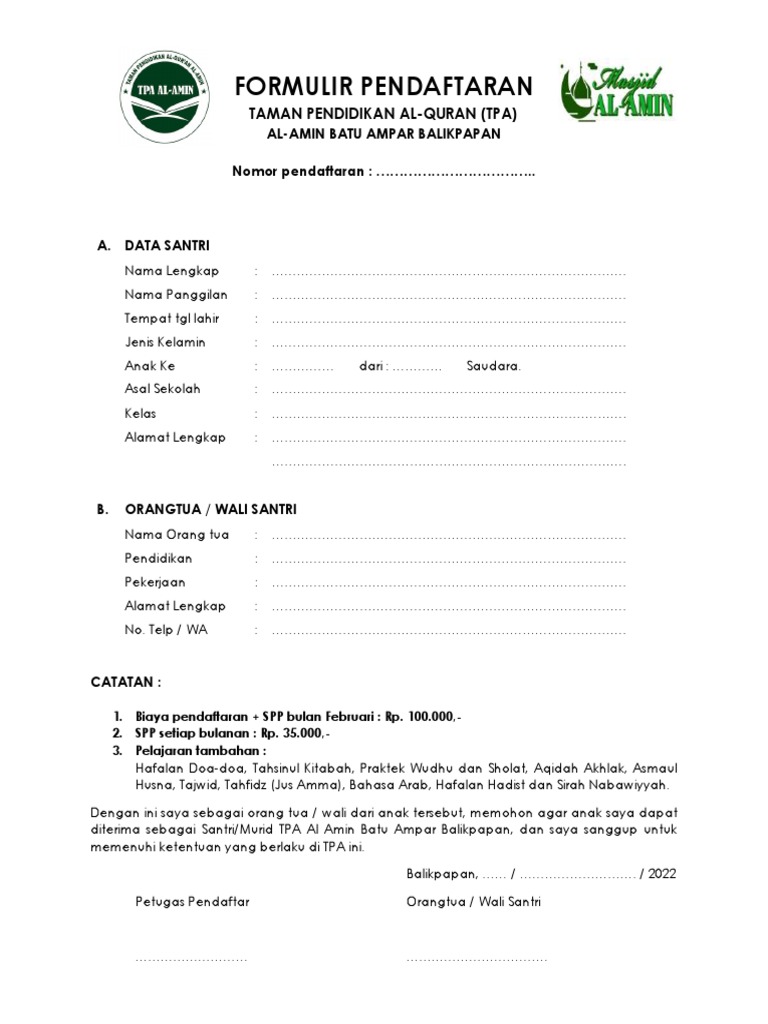 Formulir Pendaftaran TPA | PDF | Karier & Perkembangan | Olahraga & Rekreasi