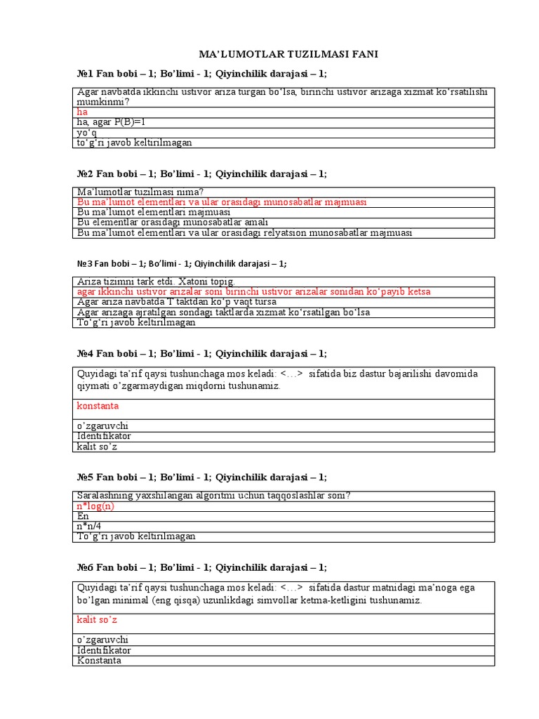 MA'lumotlar Tuzilmasi Fani 1 Fan Bobi - 1 Bo'limi 1 Qiyinchil | PDF