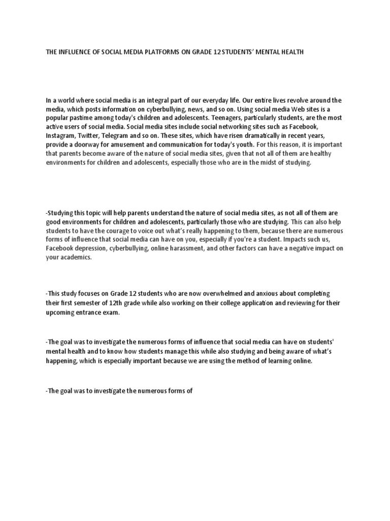 The Influence of Social Media Platforms On Grade 12 Students' Mental ...