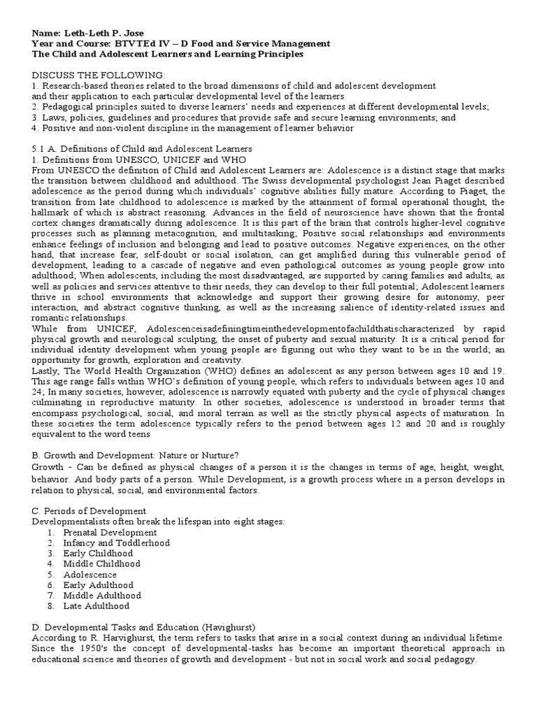 INDIVIDUAL ACTIVITY 1 The Child and Adolescent Learners and Learning ...