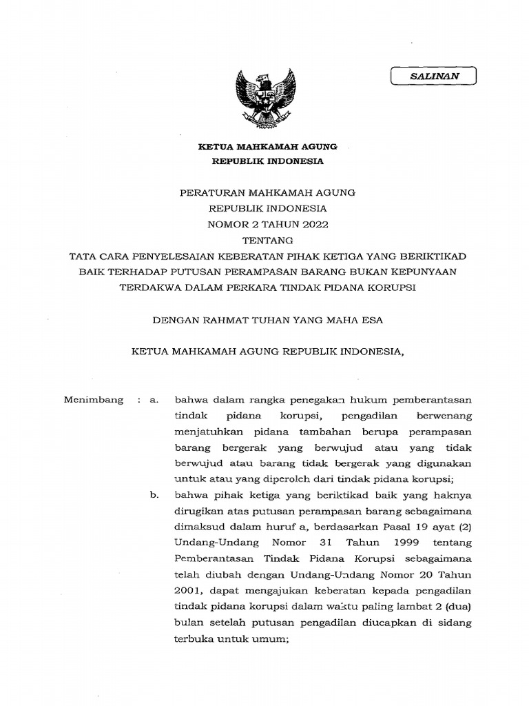 PERMA NOMOR 2 TAHUN 2022 Keberatan Pihak Ketiga dan Perkara Tipikor | PDF