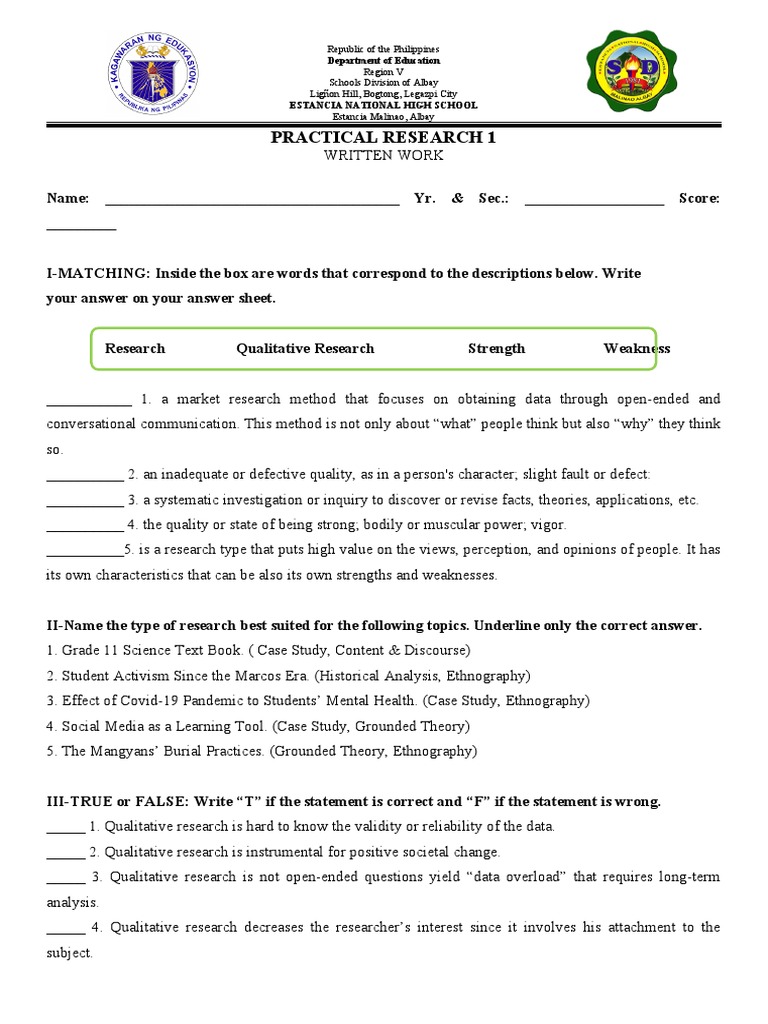 PRACTICAL RESEARCH 1 Activity Sheets Module 6 | PDF | Qualitative ...