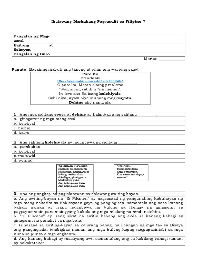 Ikalawang Markahang Pagsusulit Sa Filipino 7 | PDF