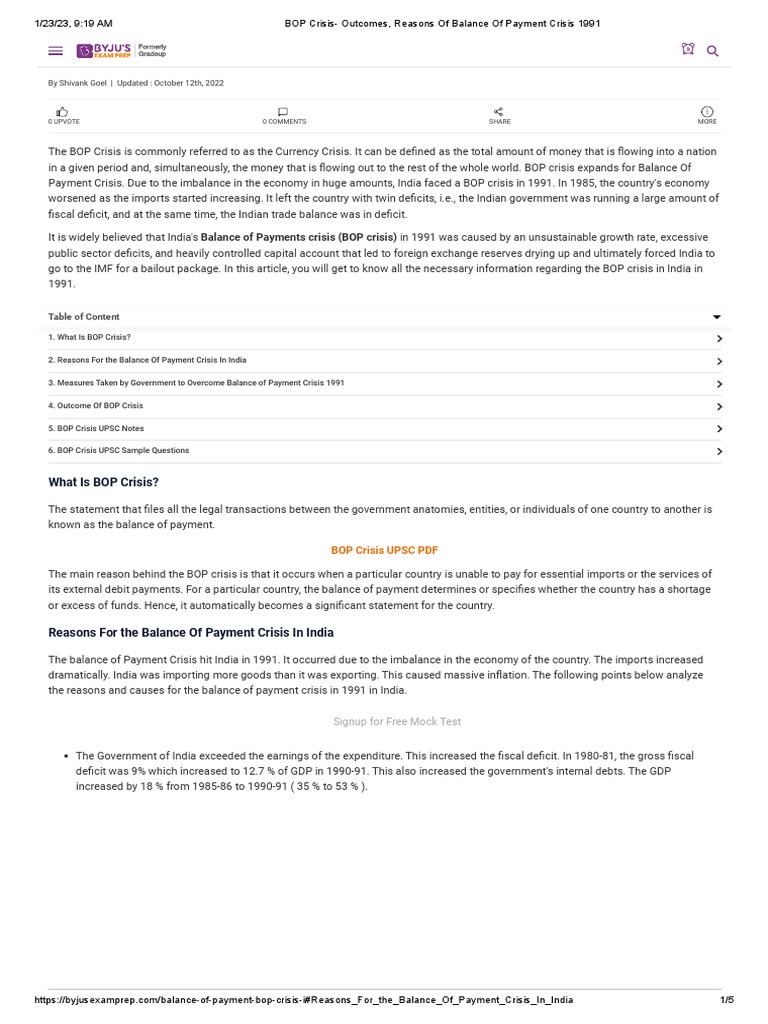 BOP Crisis - Outcomes, Reasons of Balance of Payment Crisis 1991 | PDF ...