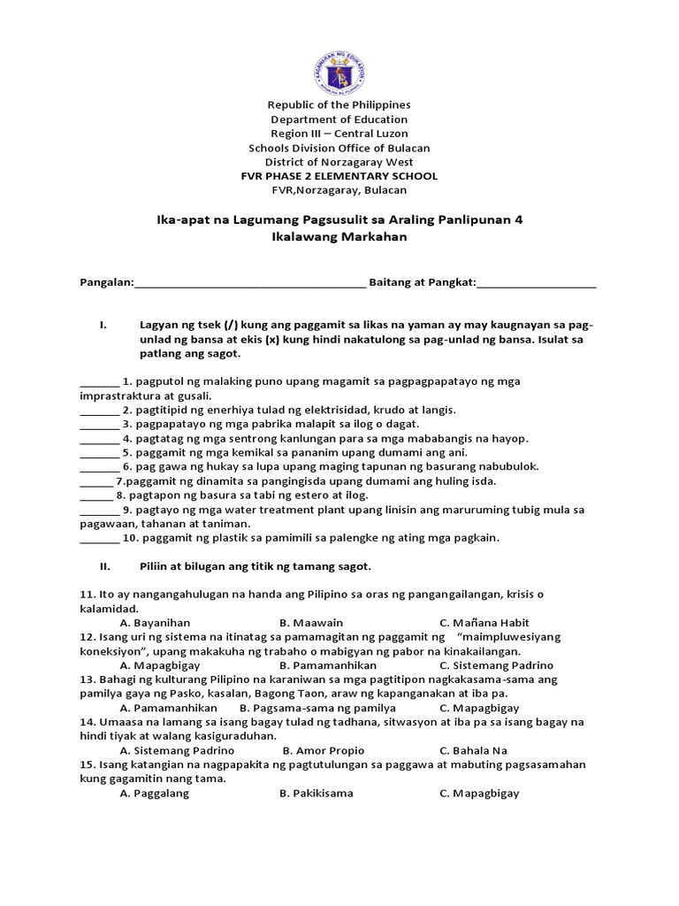2q 4th Summative in AP and Mapeh 4 | PDF