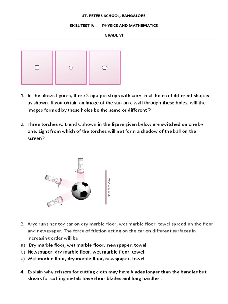 Physics and Math Skill Test Grade VI | PDF