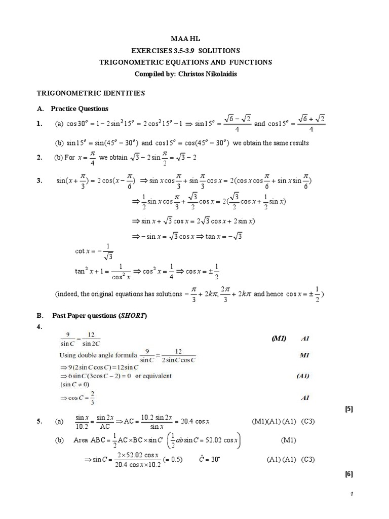 MAA HL 3.5-3.9 TRIGONOMETRIC EQUATIONS AND FUNCTIONS - Solutions | PDF ...