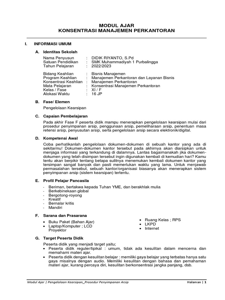 Modul Ajar - Prosedur Penyimpanan Arsip - Pengelolaan Kearsipan XI-F | PDF