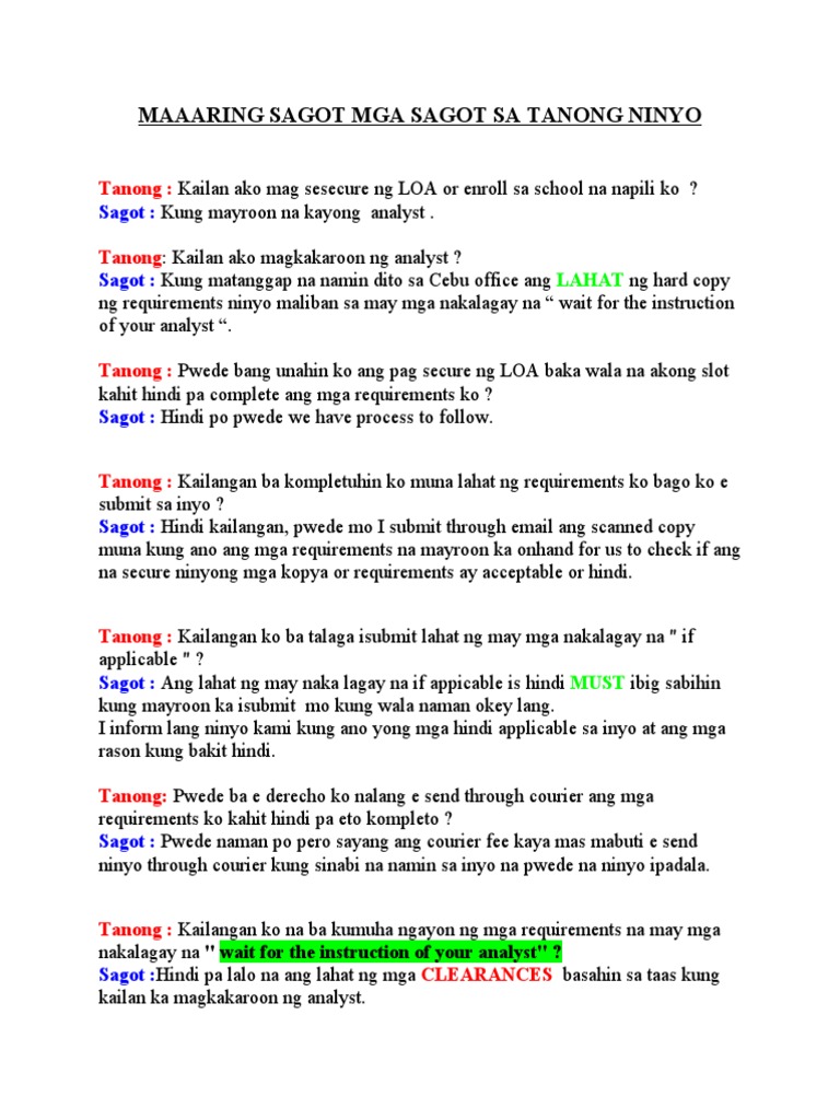 Maaaring Sagot Mga Sagot Sa Tanong Ninyo | PDF