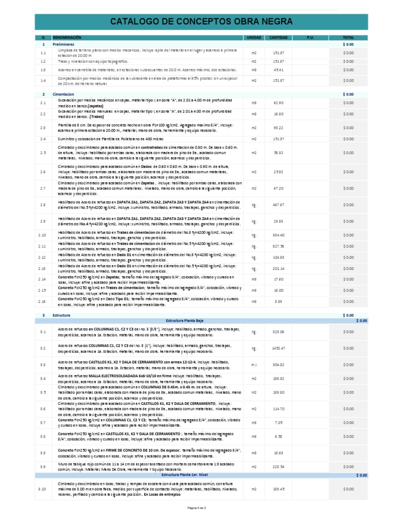Catálogo de conceptos para la obra de cimentación y estructura de un edificio | PDF | Ingeniero ...