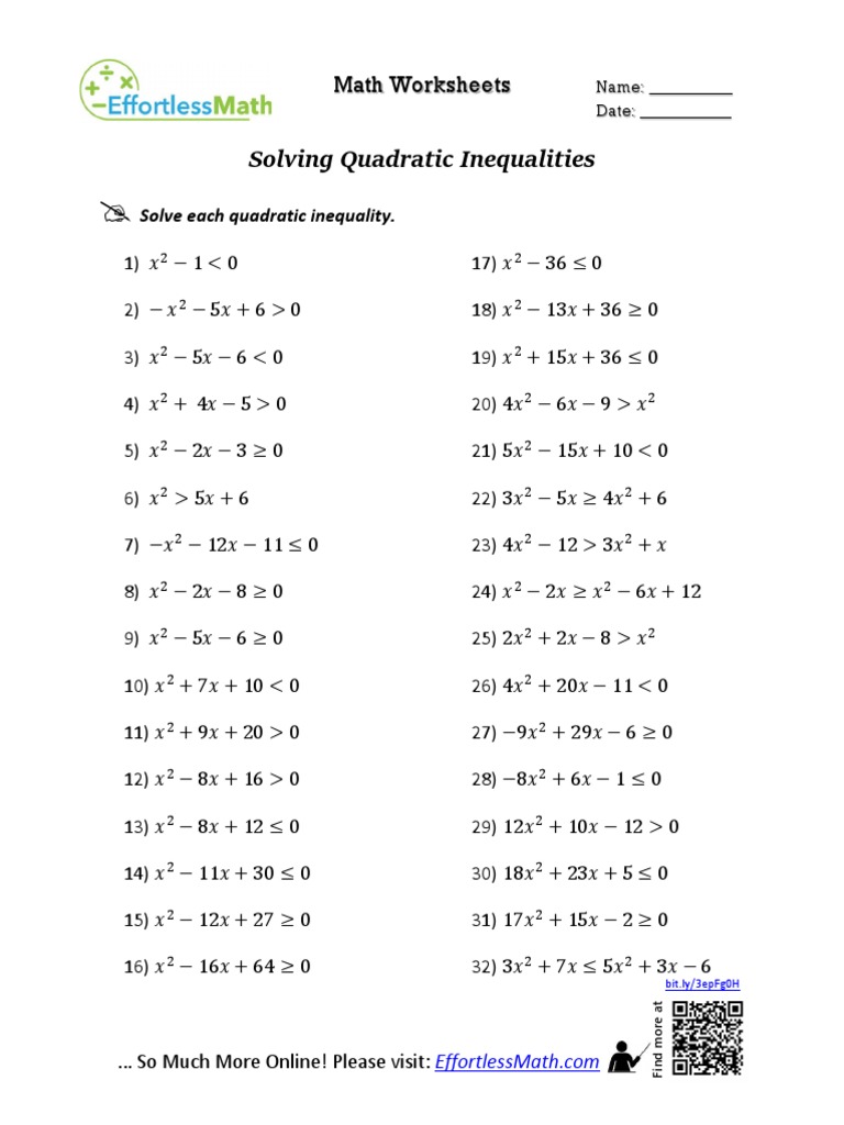 Quadratic Inequalities Practice Worksheet | PDF | Inequality ...