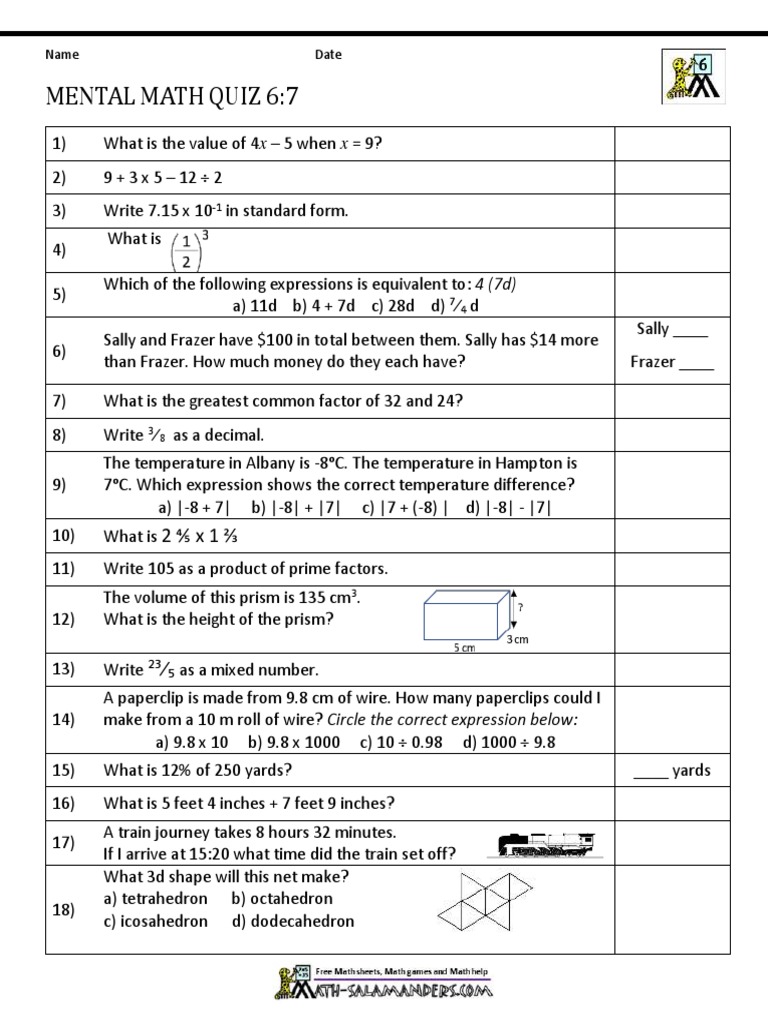 Mental Math 6th Grade 7 | PDF | Polytopes | Linear Programming
