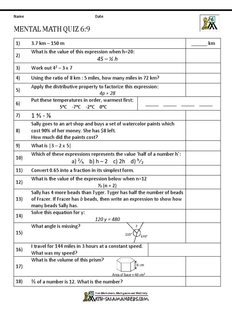Mental Math 6th Grade 9 | PDF | Speed | Ratio