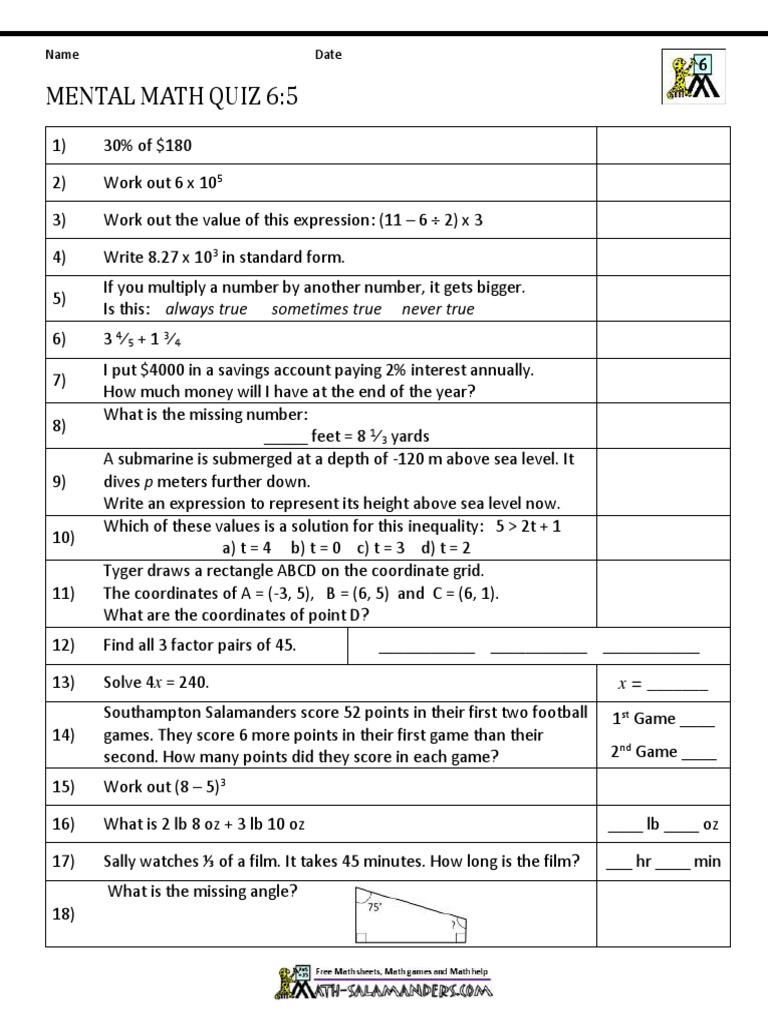 Mental Math 6th Grade 5 | PDF