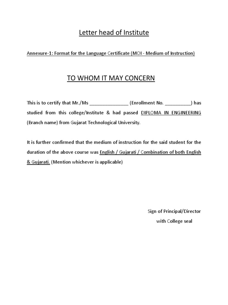Format For The Language Certificate (MOI - Medium of Instruction ... Format For The Language Certificate (MOI - Medium of Instruction ...