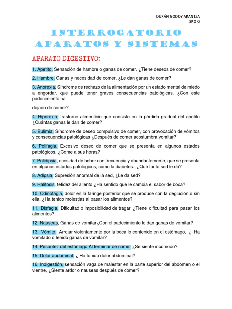 Interrogatorio Aparatos y Sistemas | PDF | Acidez | Micción